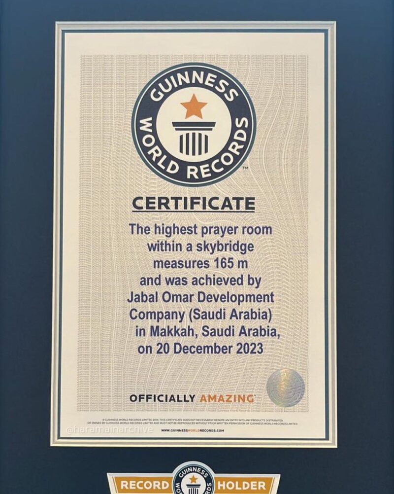 Address Prayer Hall In Jabal Omar Hotel Makkah Recognized as the Highest Prayer Hall in the World